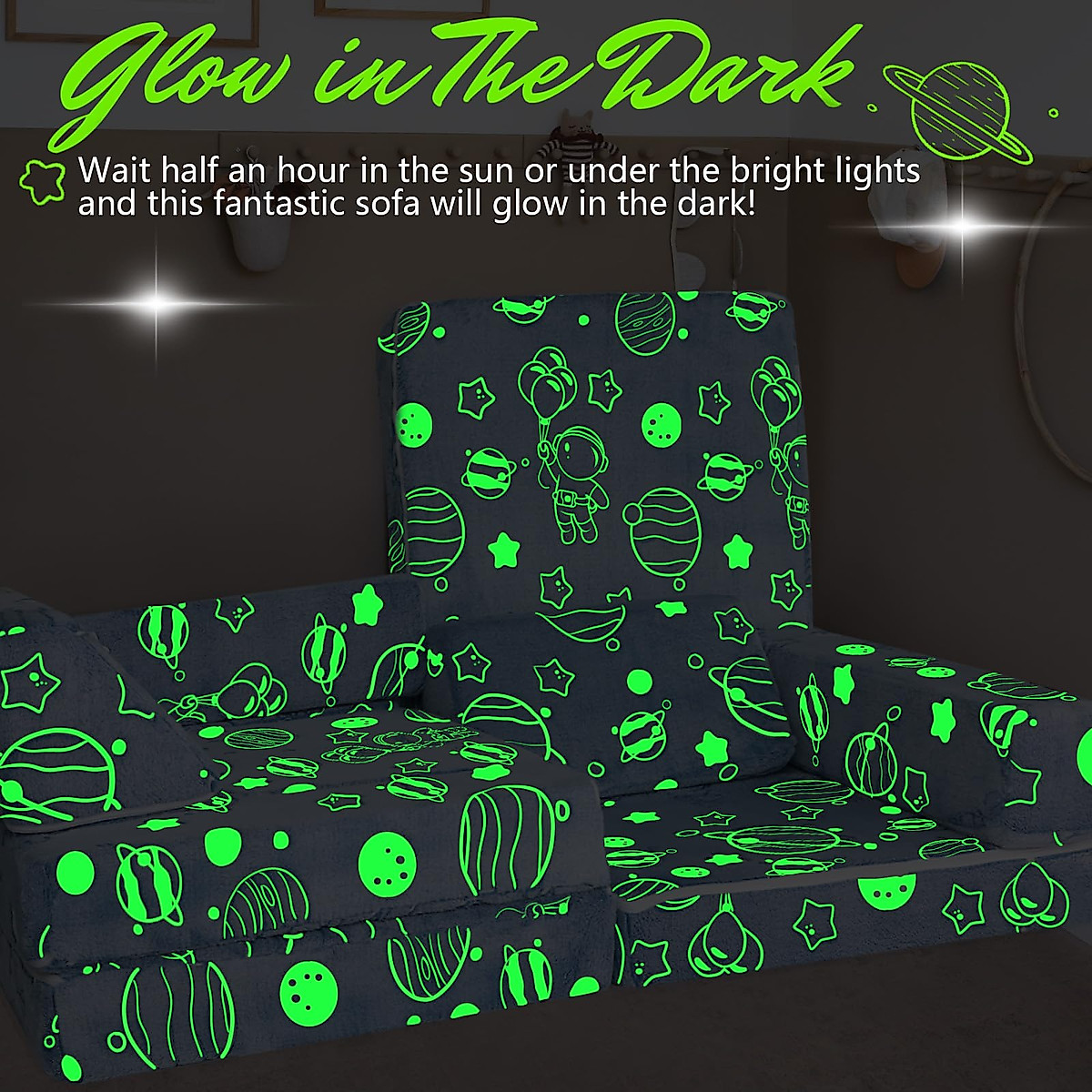 MeMoreCool Kids Couch, 10-Piece Modular Play Couch for Playroom, Fold Out Kids Sofa for Girl Boy, Glow Space