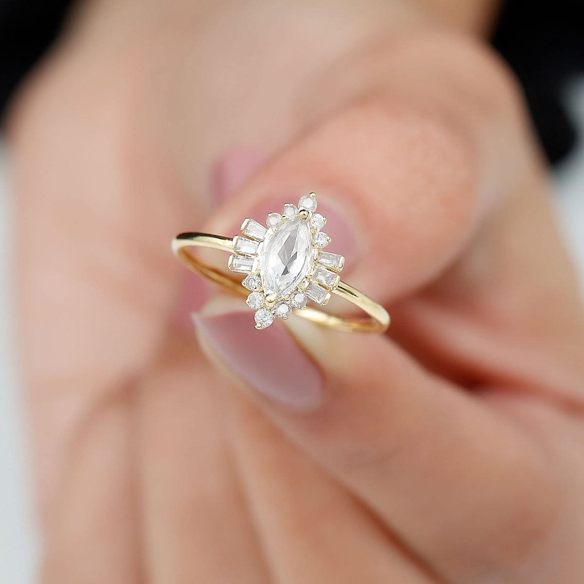 Rosec Jewels 1.25 CT White Sapphire Ring for Women, Antique White Sapphire Halo Ring, White Sapphire Gold Ring, Genuine White Sapphire Ring, 14K Yellow Gold, Size:US 7.50