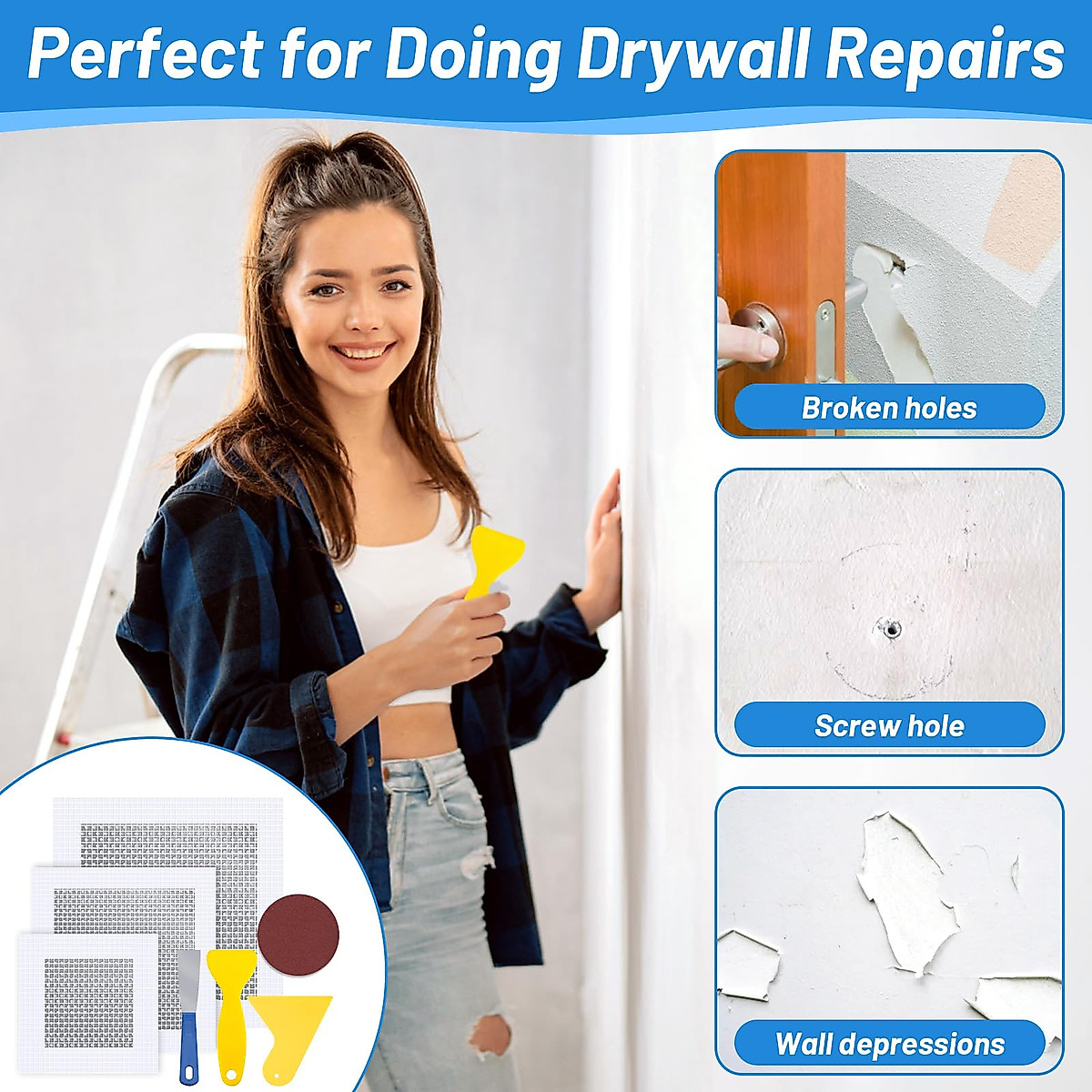 12 PCS 4/6/8 Inch Wall Repair Patch Kit, Aluminum Mesh Dry Wall Hole Repair Patch with Scraper Sandpapers Gloves Heavy Duty Wall Repair for Large Holes Quick Fixes