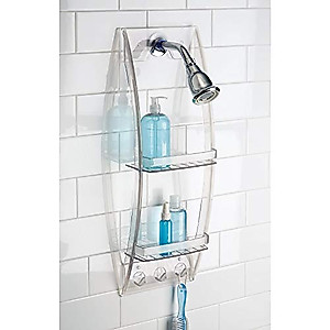 iDesign Plastic Grand Arc Bathroom Suction Shower Caddy for Shampoo, Conditioner, and Soap with Hooks for Razors, Towels, Loofahs, 4.1" x 9" x 28.7", Clear