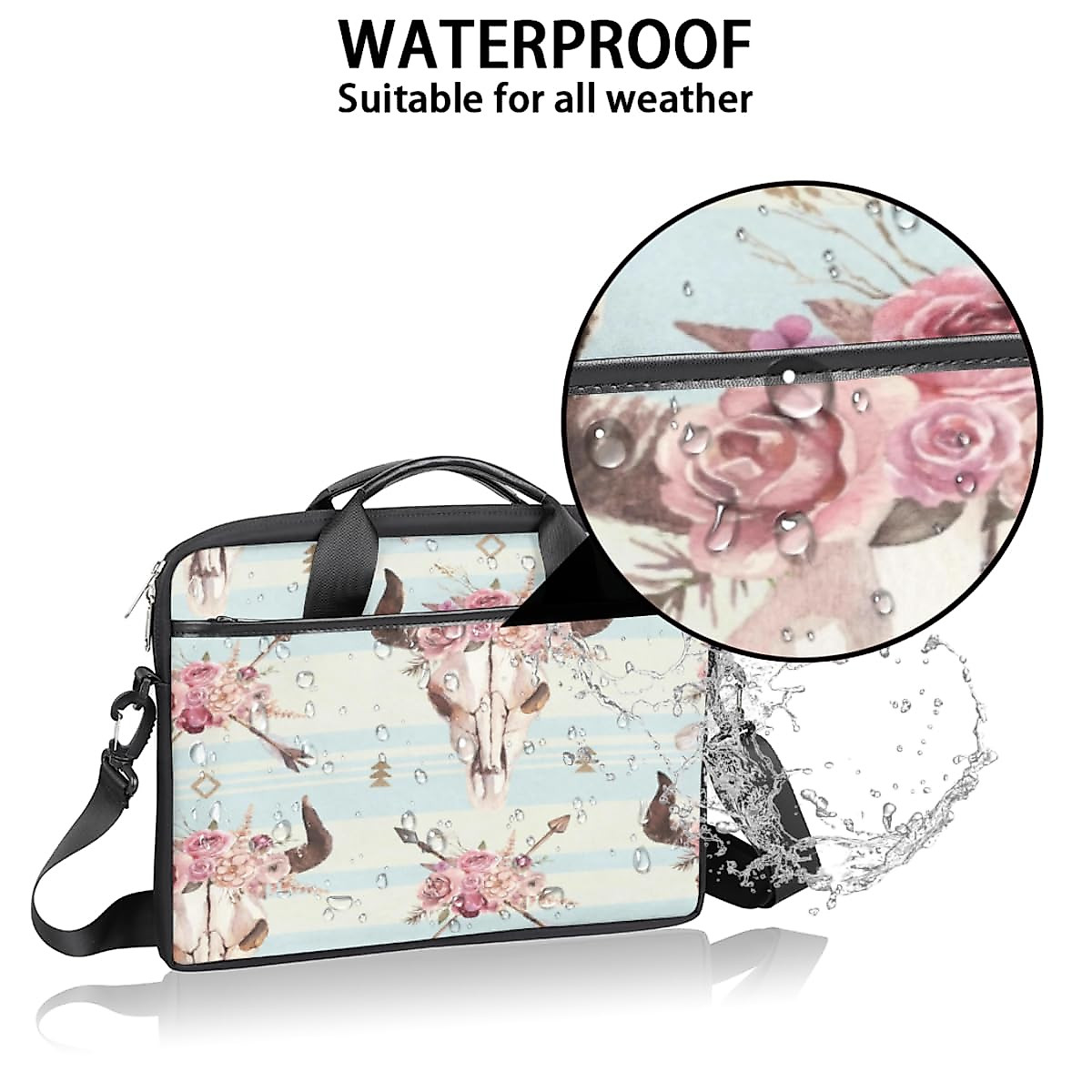 Bull Skull Flower Laptop Computer Bag Waterproof Shoulder Messenger Bag 13-15 inch Durable Laptop Tote Bag with Shoulder Strap Handle Lightweight Crossbody Briefcase
