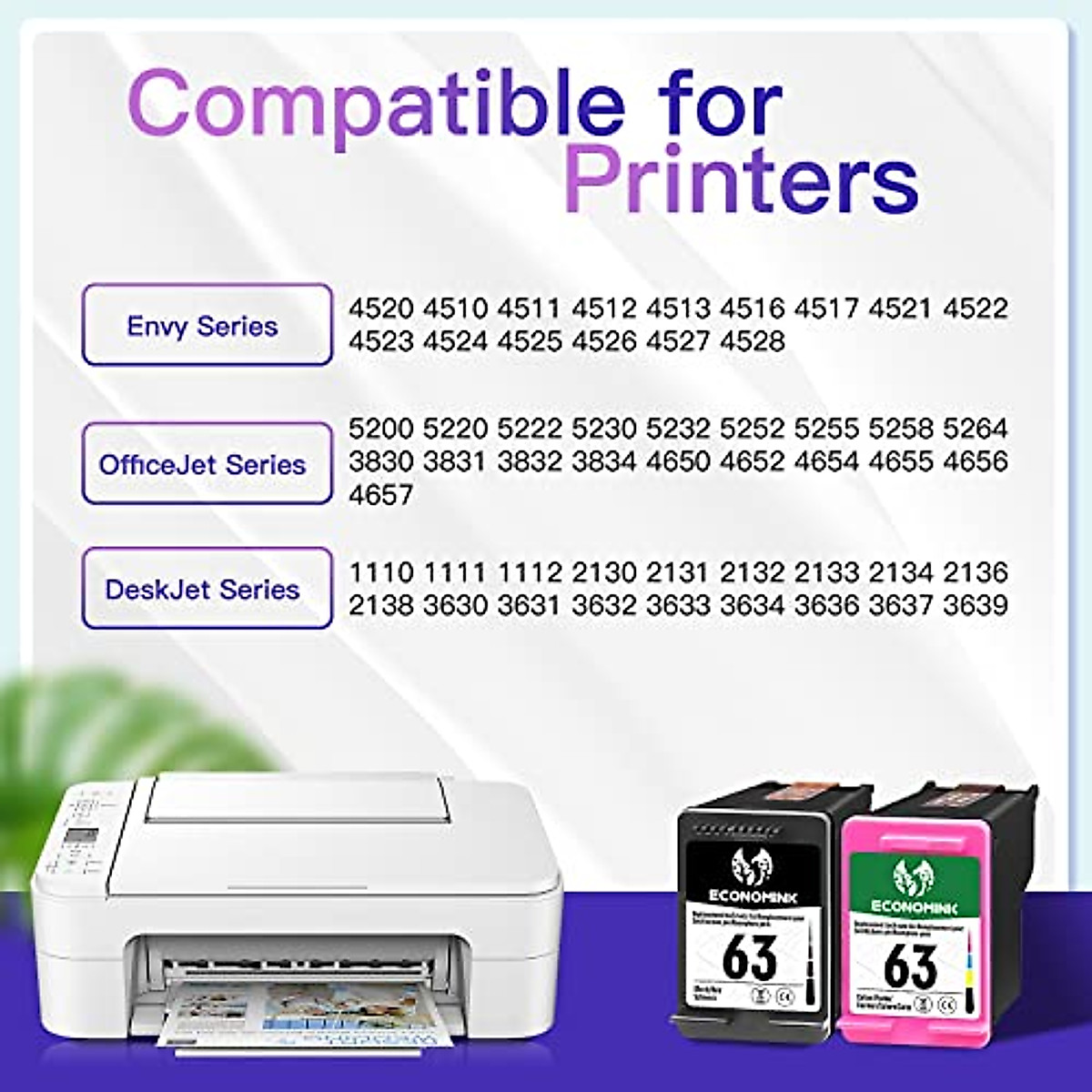 Economink Remanufactured Ink Cartridge Replacement for HP Ink 63 Compatible with OfficeJet 3830 5255 5258 4650 4652 4655 Envy 4520 4512 4513 4516 DeskJet 1112 2130 3630 3632 3634 2130 2132 Printer