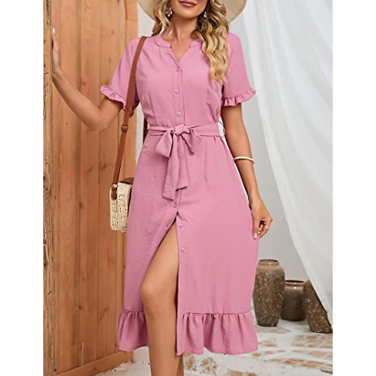 KOJOOIN Women's Button Down Midi Shirt Dress Summer Short Sleeve Tie Waist Split Business Casual Work Long Maxi Dress Dusty Pink XL