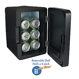 Personal Chiller Led Lighted Mini Fridge Dry erase surface keeps warm or cold for in house or on the go includes two plugs, Black, 6L