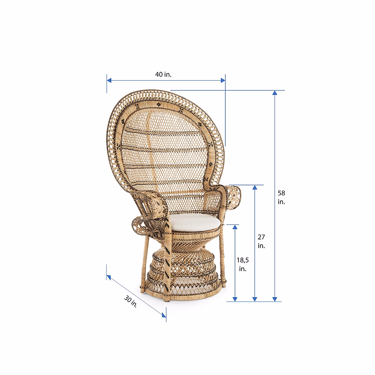 KOUBOO Grand Pecock Retro Peacock Chair in Rattan with Seat Cushion, Natural Color, Large