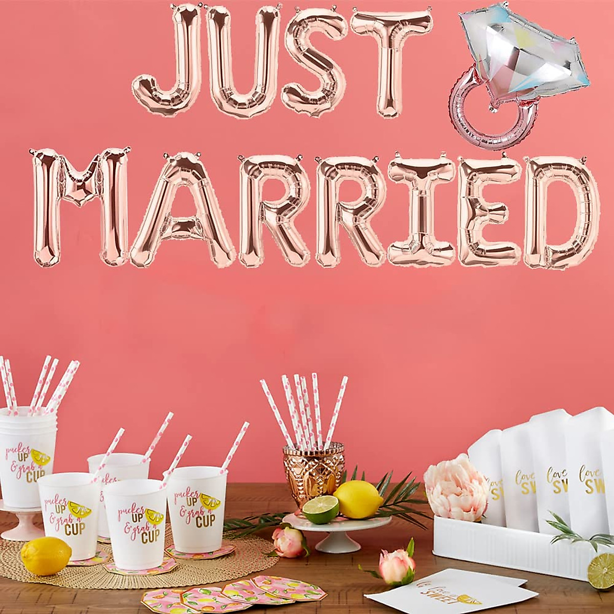Just Married Balloons Rose Gold Traveling From Miss To Mrs Party Banner Bride To Be/We are Engaged/Bridal Shower/Bachelorette/Wedding Themed Happy Anniversary Party Supplies Decorations