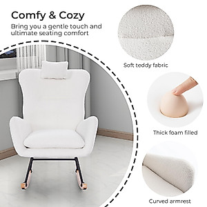 Unovivy Rocking Chair Nursery, Teddy Upholstered Nursing Armchair with Wood Base, Baby Glider Rocker with Headrest & Side Handy Cocket, Small Gliding Seat for Living Room, Bedroom, Office