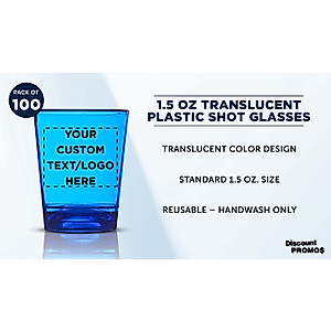 Custom Translucent Plastic Shot Glasses 1.5 oz. Set of 100, Personalized Bulk Pack - Acrylic, Great for Wedding, Party, Birthday, Gifts - Blue