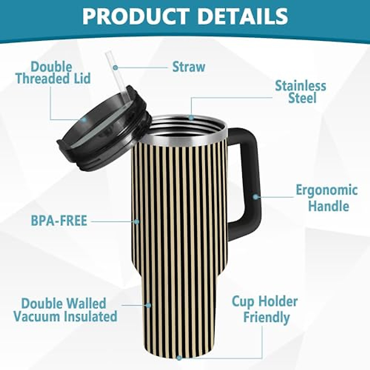 Flradish 40oz Tumbler with Handle, Stripes Khaki Black Stainless Steel Tumbler with Lid and Straws Double Wall Vacuum Insulated Leakproof Coffee Travel Mug