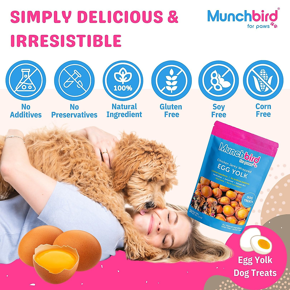 Munchbird Dehydrated Chicken Jerky Wrapped Egg Yolk Dog Treats, 100% Egg Yolk, Food Topper for Dogs, No Filler, Alternative to Freezed Dried Quail Egg Yolk, 7 OZ (Pack of 20 to 30 Egg yolks)