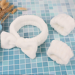 UNIMEIX 3 Pack Spa Headband and Wrist Washband Face Wash Set,Reusable Soft Makeup Headband Fleece Skincare Headbands for Washing Face Shower (White)