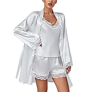 LYANER Women's 3pcs Sleepwear Silk Satin V Neck Lace Trim Cami Top and Shorts Pajama Set with Robe White Small