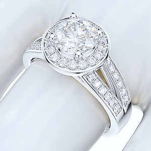 PRSTANI Sterling Silver Split Shank 1CT Round Brilliant Cut Genuine Moissanite Halo Promise Engagement Ring (7)