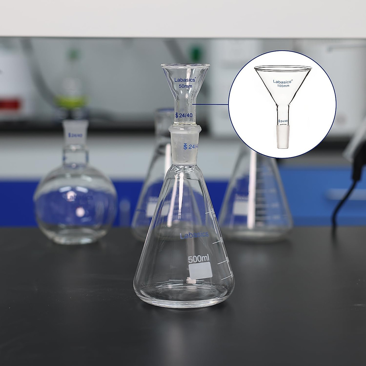 Labasics Glass Short Stem Powder Funnel with 75 mm Top Outer Dimension and 24/40 Inner Joint Filter Funnel Glass Funnel (OD 75mm)