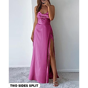 PRETTYGARDEN Women Summer Sexy Cowl Neck Spaghetti Strap Sleeveless Long Satin Dress Slit Club Slip Maxi Dresses 2023(Solid Purple,Small)