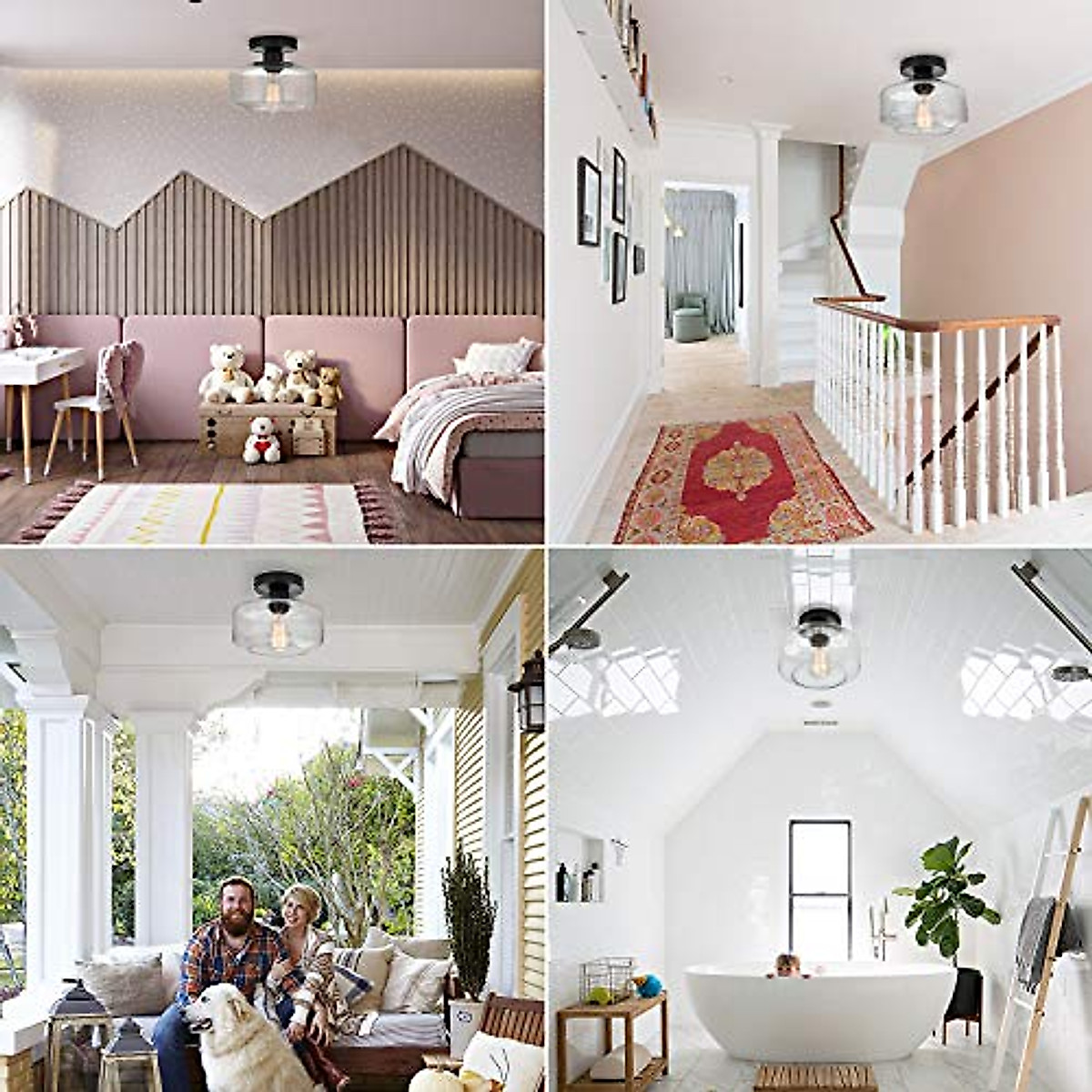 Industrial Semi-Flush Mount Ceiling Light, Seeded Glass Pendant Lamp Shade, Black Farmhouse Lighting for Hallway Porch Corridor Kitchen Bedroom, Modern Indoor Hanging Light Fixtures, Bulb Not Included