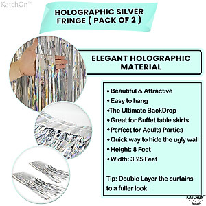 KatchOn, Holographic Silver Streamer Backdrop - XtraLarge 3.2x8 Feet, Pack of 2 | Silver Fringe Backdrop for Silver Streamers Party Decorations | Silver Tinsel Backdrop for Disco Party Decorations