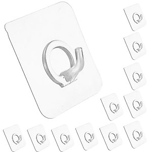 Qianyu 12 Pcs Adhesive Hooks for Hanging Clear Sticky Wall Hooks Heavy Duty Plastic Door Hooks No Drilling Strong Waterproof Sticker Hanger for Home Kitchen Bathroom Office Use