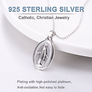 U7 925 Sterling Silver Virgin Mary Necklace Pendant with 20" Chain Catholic Gift for Women Gilrs Oval Miraculous Medal Jewelry