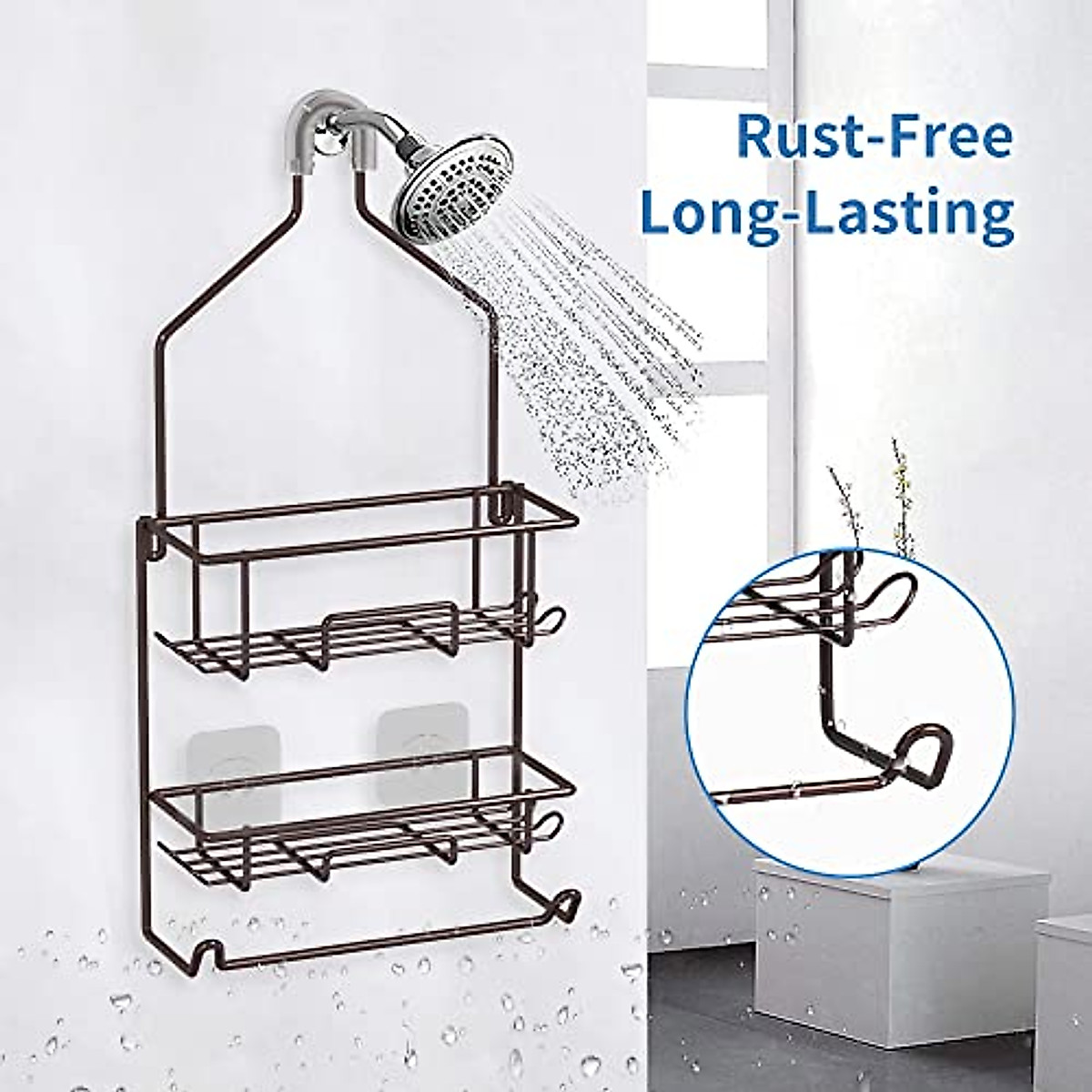 Shower Caddy Hanging over Shower Head Rust Roof Shower Organizer with 10 Hooks for Razor Shampoo Holder Bathroom Shower Rack Storage Shelf with Towel Bar – Bronze