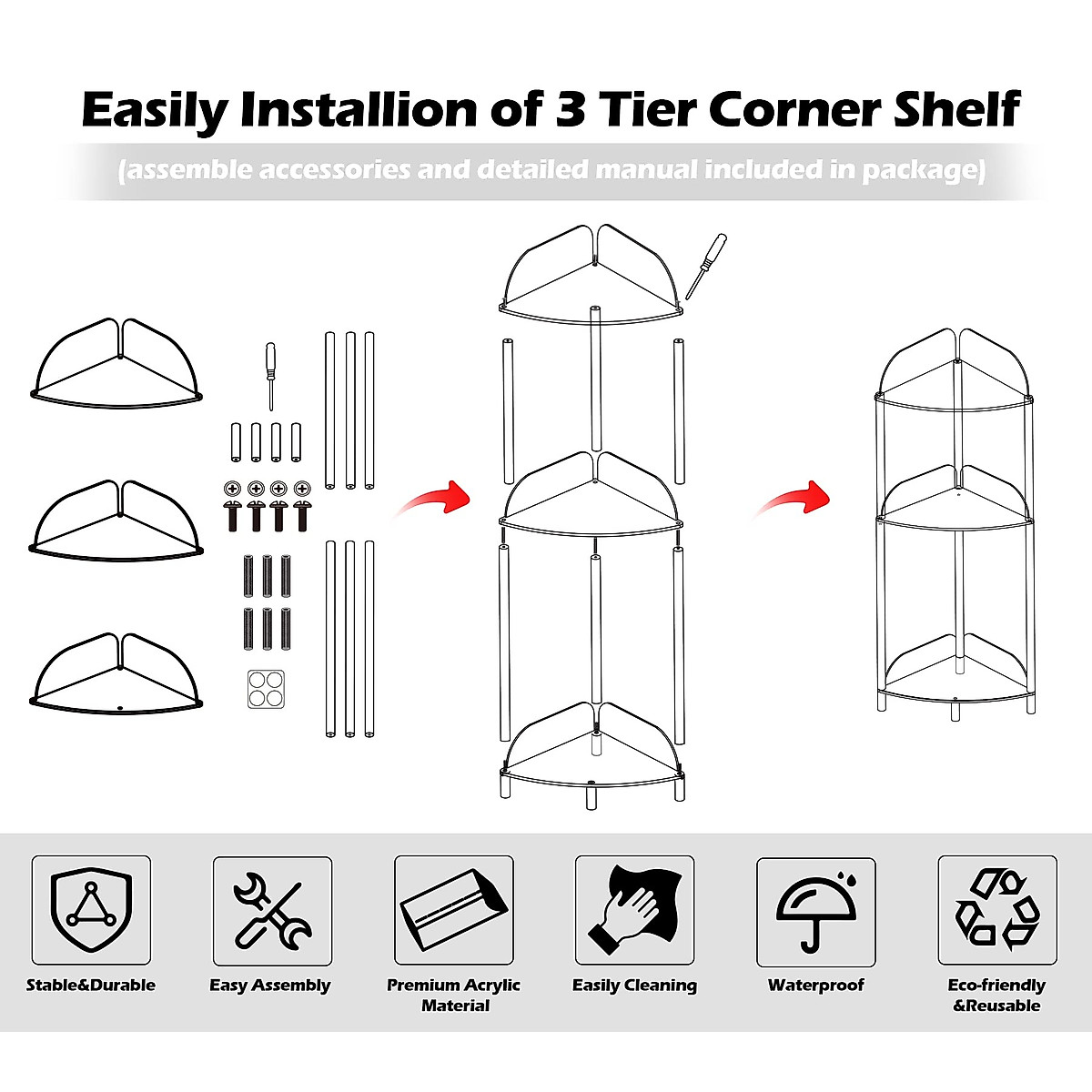 KOLUTI 3 Tier Bathroom Corner Shelf Stand, Solid Acrylic Floor Standing Rack Organizer Display for Restroom Living Room Bedroom Balcony, Small Toilet Paper Side Holder Storage, Clear