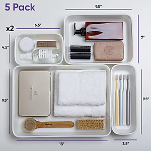 Superio Ribbed Collection - Decorative Plastic Desk Drawer Organizer Tray, White (Set of 5) Open Home Storage Bins Organizer Baskets, for Organizing Closet Shelves Drawer Shelf