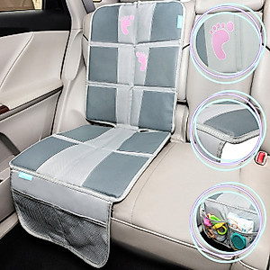 Glangels Child Car Seat Protector- Enhanced Padded Booster Seat Cover for Vehicles-Waterproof Seat Protectant for Baby or Toddler-Extra Large Storage Pocket-Prevents Dirt and Damage (Grey)