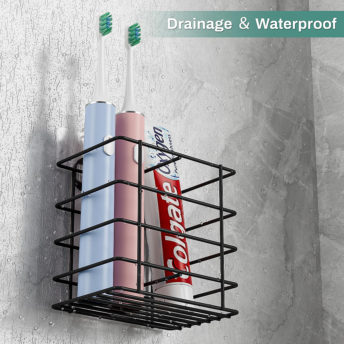 Oasiteege Adhesive Toothbrush Holder Wall Mounted, Suction Cup Toothpaste Organizer for Shower, Hanging Razor Tooth Brush Holder Storage Caddy with Drainage, Black Bathroom Accessories and Decor