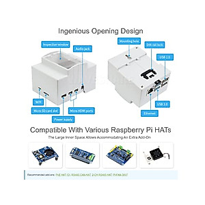 waveshare for Raspberry Pi 4 Case,DIN Rail ABS Case for Raspberry Pi 4 Model B, Large Inner Space,Compatible with Raspbeery Pi Expansion Board PoE HAT (D), RS485 CAN HAT, 2-CH RS485 HAT