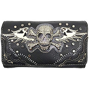 Zelris Skull Crossbones Angel Wings Heart Women Crossbody Trifold Wallet (Black)