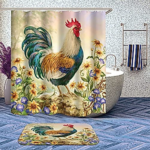 Zmcongz Rooster Bathroom Sets with Shower Curtain and Rugs and Accessories Watercolor Farm Animal Floral Waterproof Fabric Cloth Bath Curtain, Non-Slip Bathroom Rugs Bath Mats, 72x72 Inch