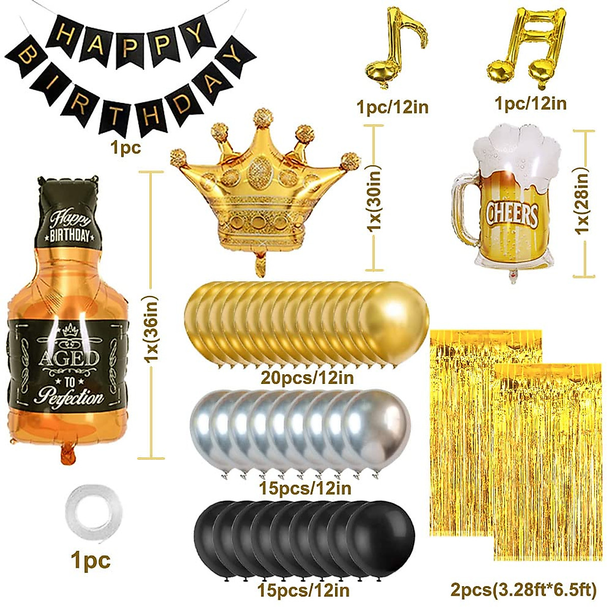 Black and Gold Birthday Party Decorations for Men, Happy Birthday Balloons for Him with Banner, Foil Balloons, Fringe Curtains, Crown, Beer Balloons for 18th 30th 40th 50th 60th 70th