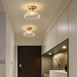 LONGDU Nordic Style Gold Ceiling Lamp,Semi Flush Mount Ceiling Light Fixture, Flower Glass Shade Ceiling Lights,for Bedroom Office Stairs Hotel Living Room Kitchen Hallway