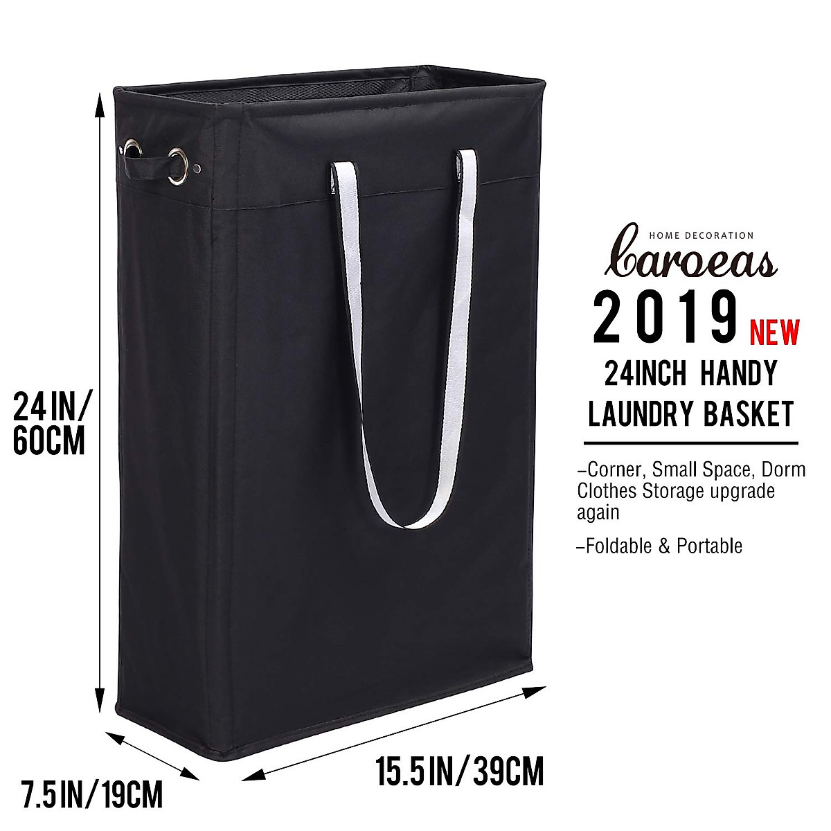 Cloth Clothes Basket, Caroeas 24" Handy Hanging Laundry Basket Tall & Slim Hamper Waterproof Laundry Bag Collapsible Travel Laundry Bag with Breathable Mesh Cover & Soft Handle Laundry Hamper (Black1)