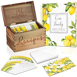 Recipe Box With Cards And Dividers - 50 4x6 Lemon Recipe Cards, Covers & Personalized DIY Book - Large 5x7 Acacia Wooden Recipe Card Holder Set - Engraved Farmhouse Wood Boxes & Organizer for Recipes