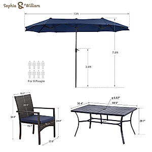 Sophia & William 7 Pieces Patio Dining Furniture with 13 Ft Navy Double-Sided Twin Umbrella, Outdoor Rattan Chairs & Metal Table Set with Cushions and 1.57" Umbrella Hole for Backyard Porch Poolside