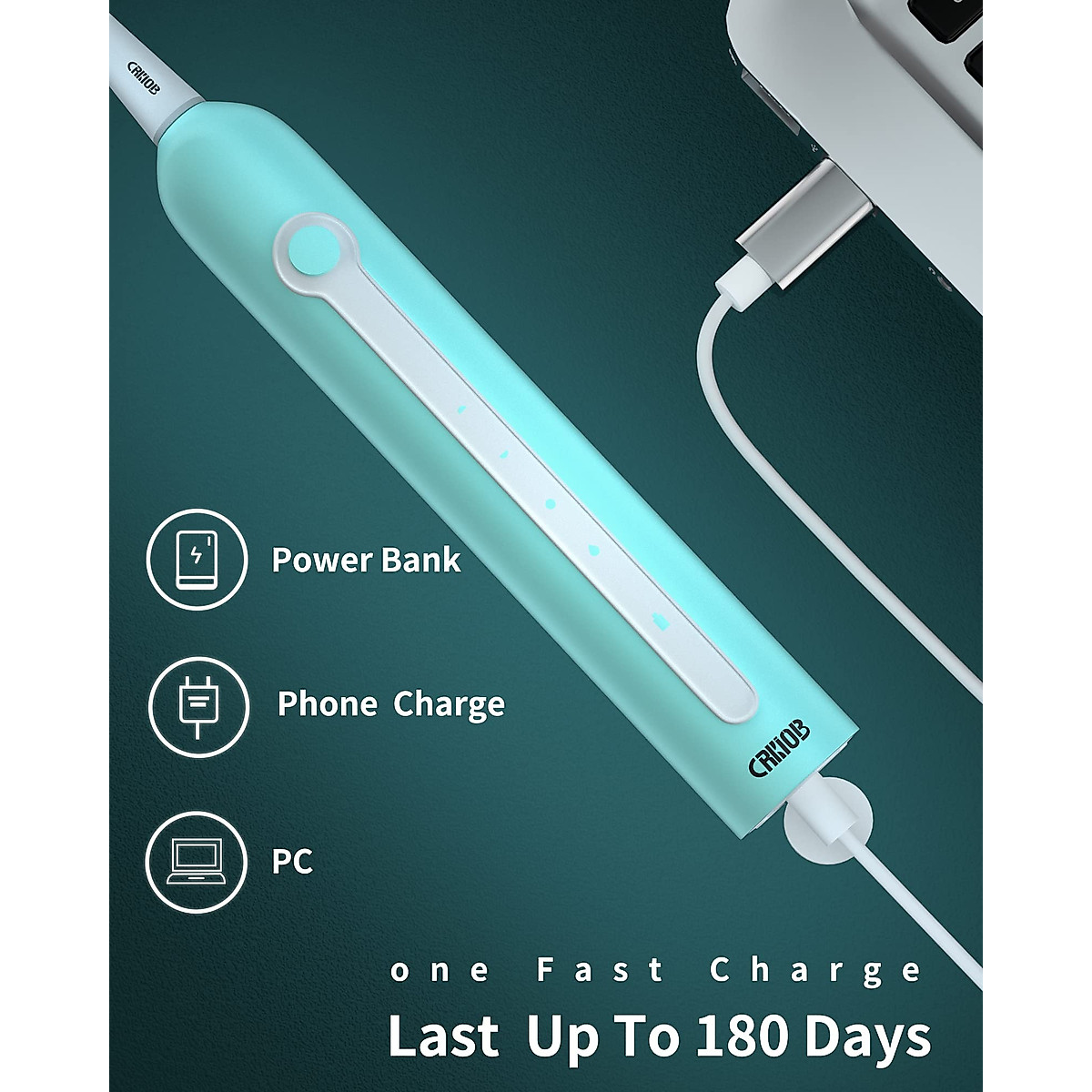 CRKIOB Electric Toothbrush for Adults Ultrasonic Rechargeable Power Toothbrushes One Charge for 180 Days Use with 2 Brush Heads and Holder Electric Toothbrushes (Green)