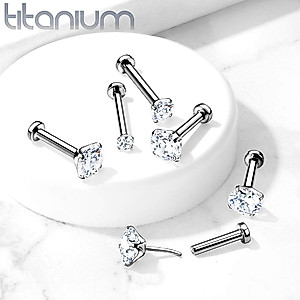 Amelia Fashion Implant Grade Titanium Threadless Push in Labret, Flat Back Studs with CZ Prong Set Top for Cartilage, Monroe, Nose and More (Choose Size) (16GA (1.2mm) L.1/4" (6mm) Ball: 3mm)