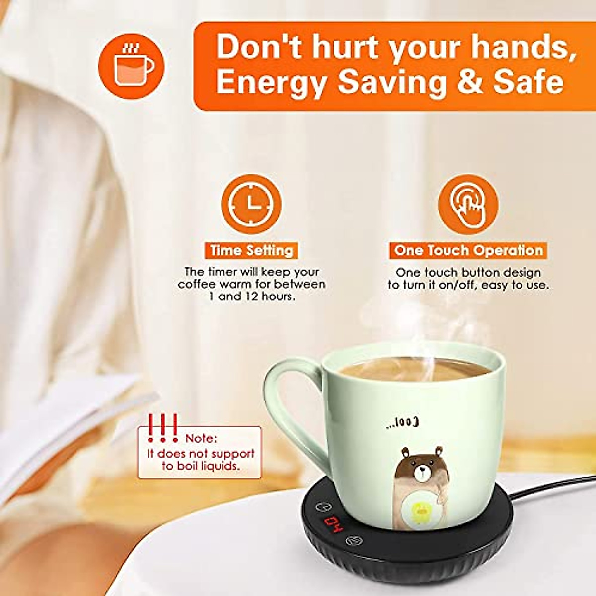 Candle Warmer/Mug Warmer, 8H Auto Shut Off, 1-12H Timer Coffee Cup Warmer, 2 Temp Settings 122/140℉ Coffee Warmer for Desk Auto Shut Off, Heated Mug for Coffee, Tea and Candle, Best Gifts for Dad Mom