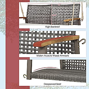 Tangkula 2-Person Outdoor Porch Swing with 118" Hanging Ropes, Patiojoy PE Wicker Patio Hanging Swing Bench with Soft Seat Cushion & 800 Lbs Weight Capacity, Suitable for Patio, Garden (Off White)