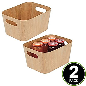 mDesign Wood Print Food Bin Box with Handles - Rustic Basket for Kitchen and Pantry Vegetable and Potato Storage - Perfect for Garlic, Onions, Fruit, and More - 12" Long - 2 Pack - Natural