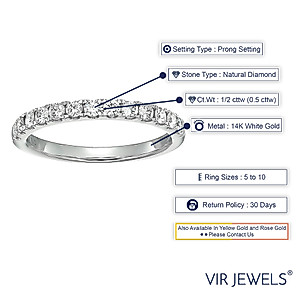 Vir Jewels 1/2 carat (ctw) Diamond Wedding Anniversary Band for Women, Half Eternity Round Diamond Engagement Ring 14K White Gold Prong Pave Set 0.50 cttw, Size 7