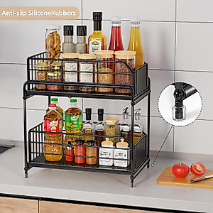 Laokiiy Under Sink Organizers, Storage Bathroom Organizer 2 Tier Under Sliding Kicthen Cabinet Basket Organizer with Hooks, Multi-purpose Under Sink Shelf Organizer, Black