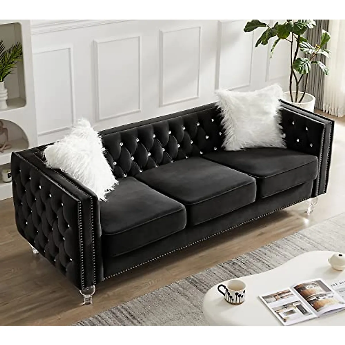 mikibama Velvet Sofa Couch 83 Inch Long Modern Sofa with Acrylic Legs and 2 Pillows, Jeweled Buttons Tufted Couch Modern Decor Furniture for Living Room, Bedroom (Black)