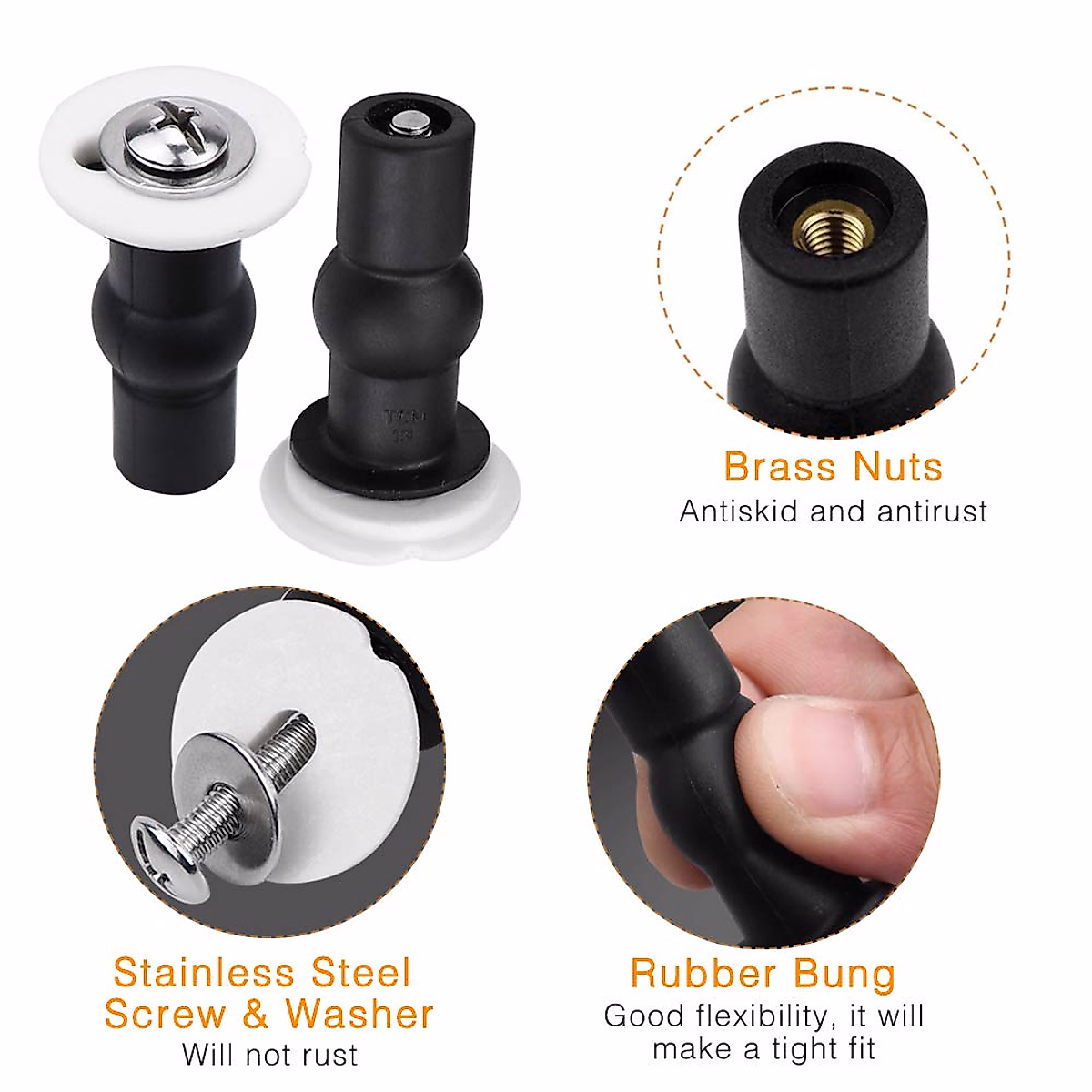 SelfTek 4 Pack Hinge Bolt Screws Toilet Seat Fixings Fix Expanding Rubber Top Nuts Screws Mount Seat Hardware Replacement Parts Kit