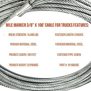 Mile Marker 19-50020C Steel Cable for Winch, 3/8" X 100'