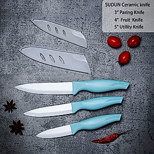 Zhiyun 3-Pieces Blue Ceramic Knife Set, 5-Inch Vegetable Knife 4-Inch Fruit Knife 3-Inch Peeling Knife,Suitable for Beef Chicken Vegetable Fruit Butter and Bread (Blue)