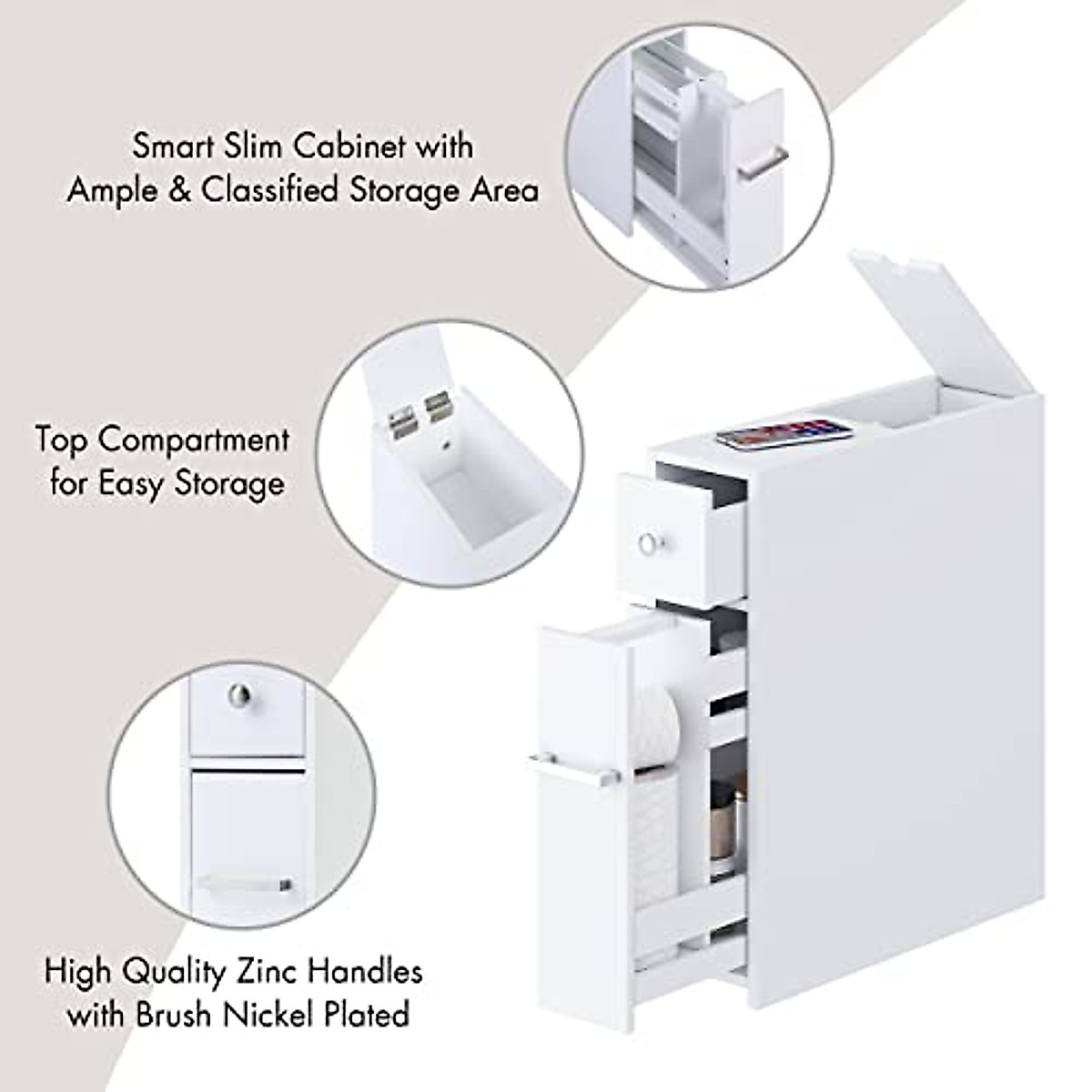 Spirich Home Slim Bathroom Storage Cabinet, Free Standing Toilet Paper Holder, Bathroom Cabinet Slide Out Drawer Storage, White