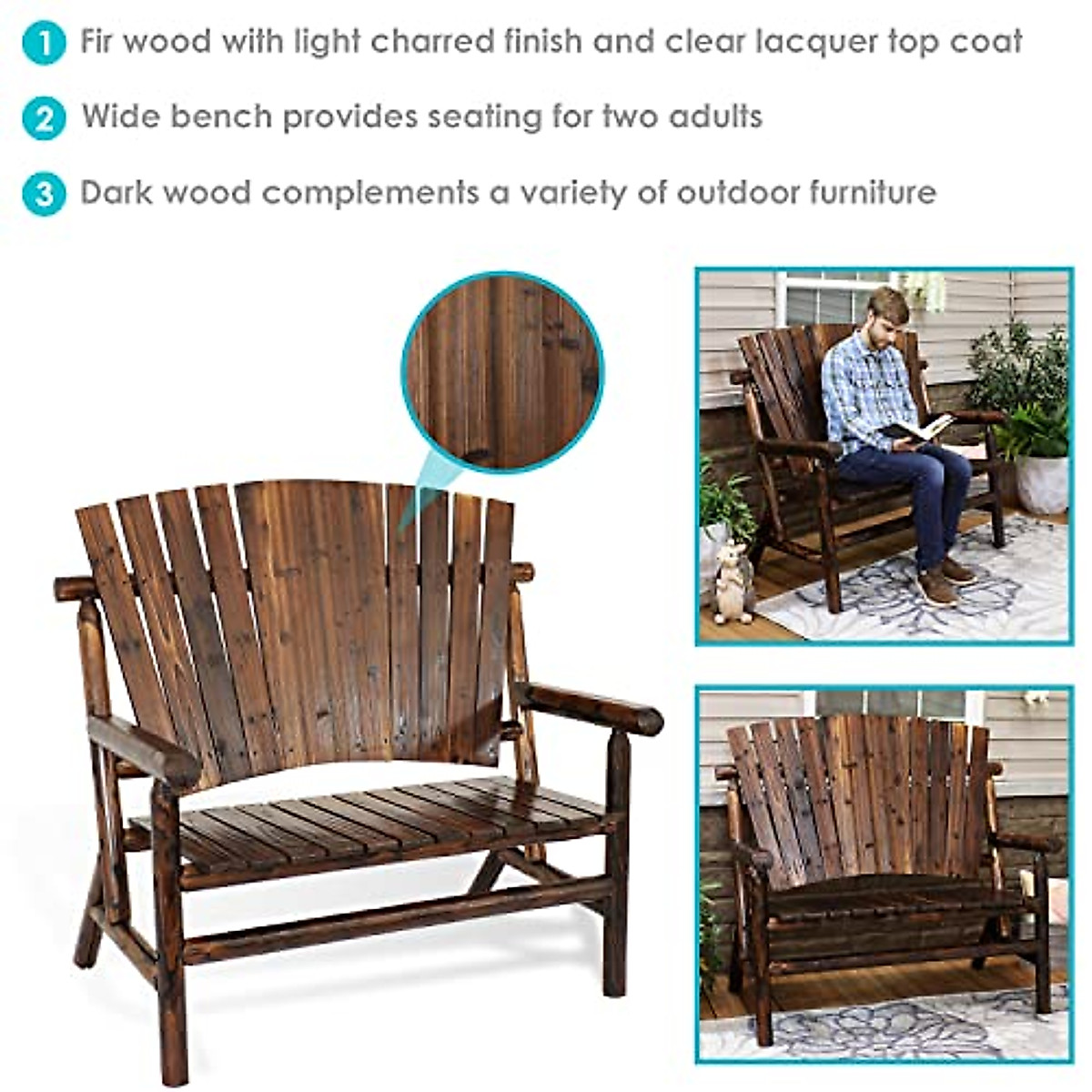 Sunnydaze Rustic Wood Outdoor Bench - Fir Construction with Charred Finish and Clear Lacquer - Comfortable Seating for 2 Adults - Perfect for Front Porch, Garden or Patio - 51-Inch