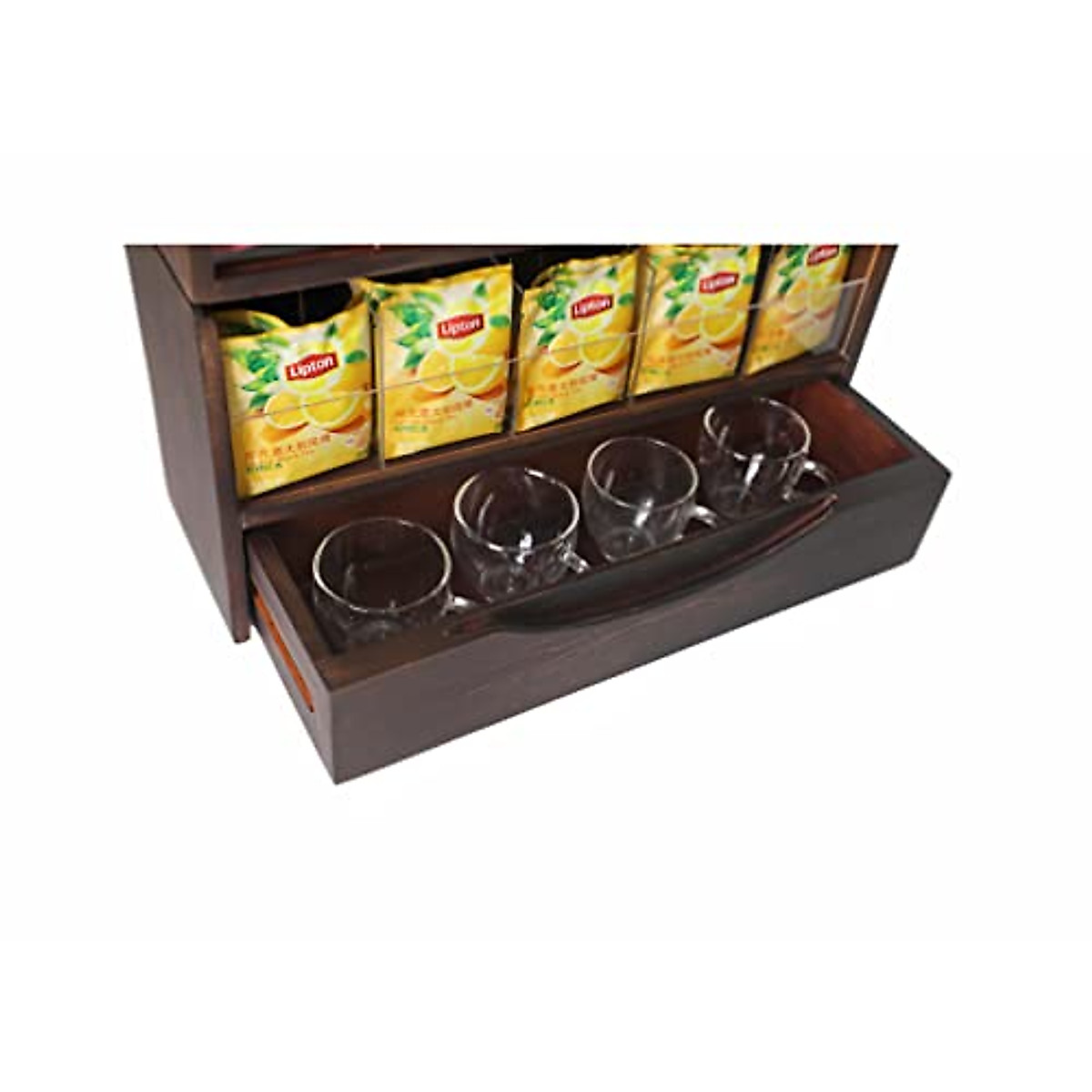 Wooden Tea Caddy Tea Bag Holder Kitchen Storage for Spice Bags and Sugar Packets Tableware with Slide-out Drawer Supports Multi-level Expansion (Double-drawer design)